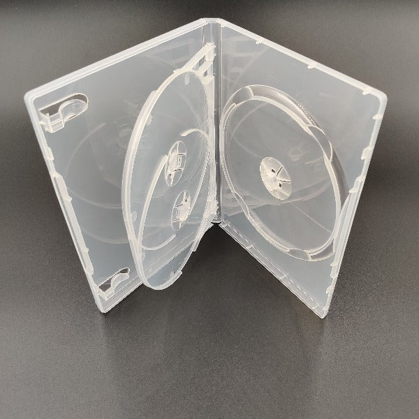 3-disc clear DVD case with 14mm spine and swing tray – Panmer Ltd